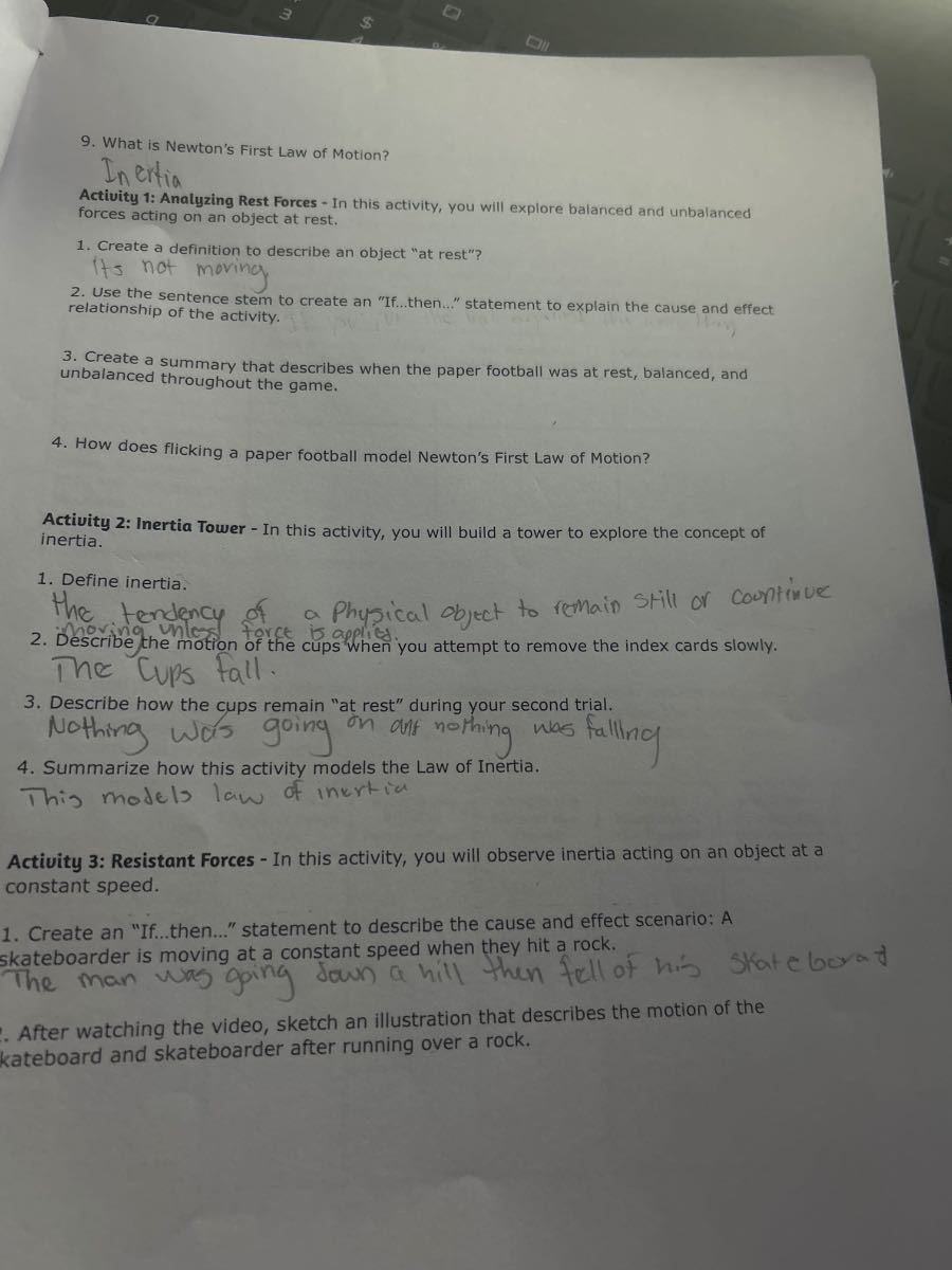 9 what is newtons first law of motion in cria activity 1 analyzing rest ...