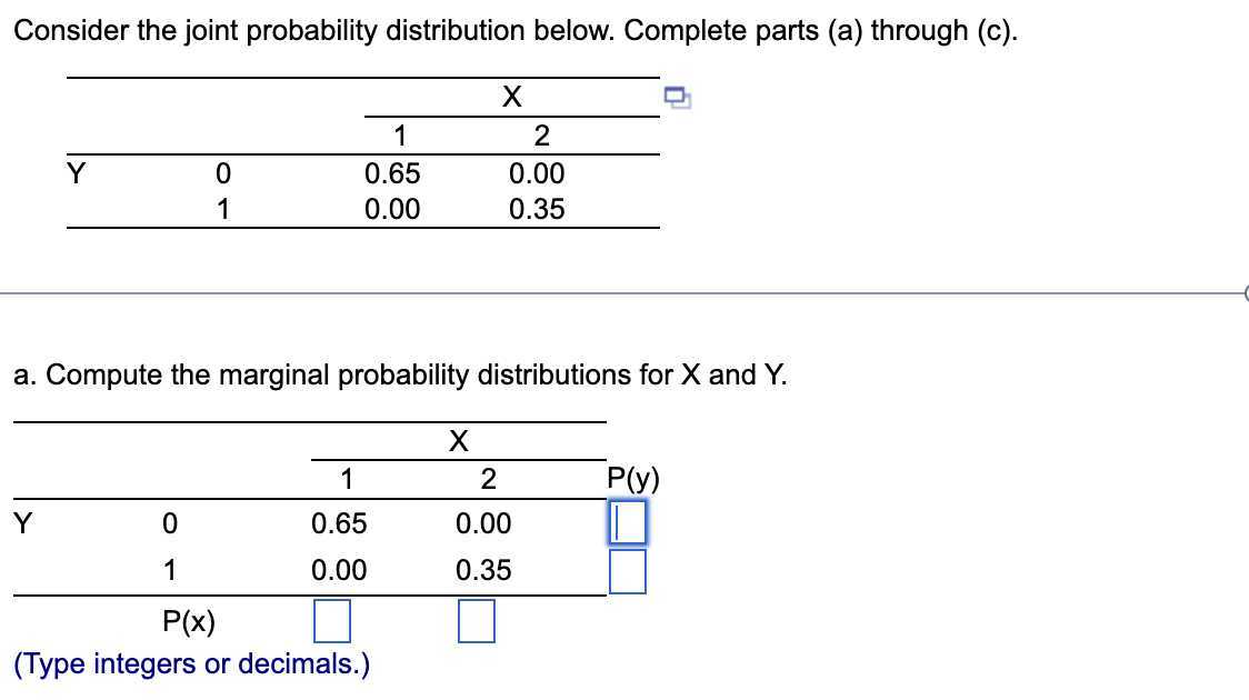 Consider the joint probability distribution below. Complete parts (a ...