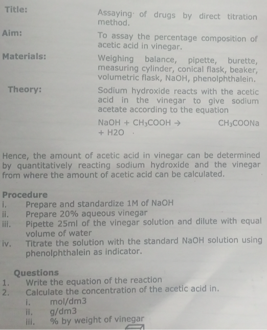 Title: Aim: Materials: Theory: Assaying of drugs by direct titration method. To assay the ...