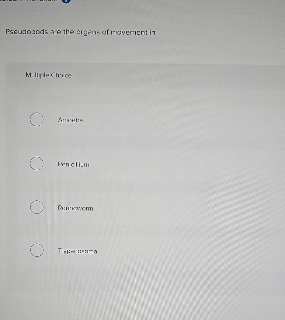 Pseudopods are the organs of movement in Multiple Choice Amoeba ...