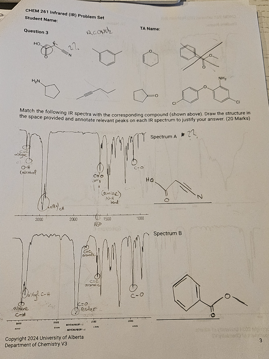 CHEM 261 Infrared (IR) Problem Set Student Name: Question 3 acovit TA ...