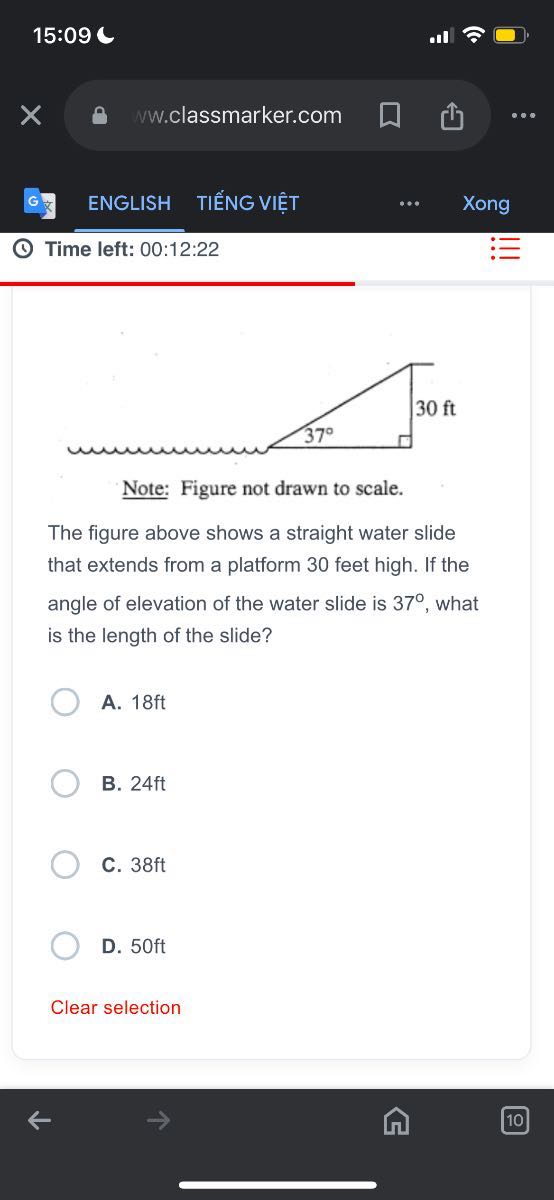 15:09 w.classmarker.com ENGLISH TI?NG VI?T Xong Time left: 00:12:22 Note: Figure not drawn to ...