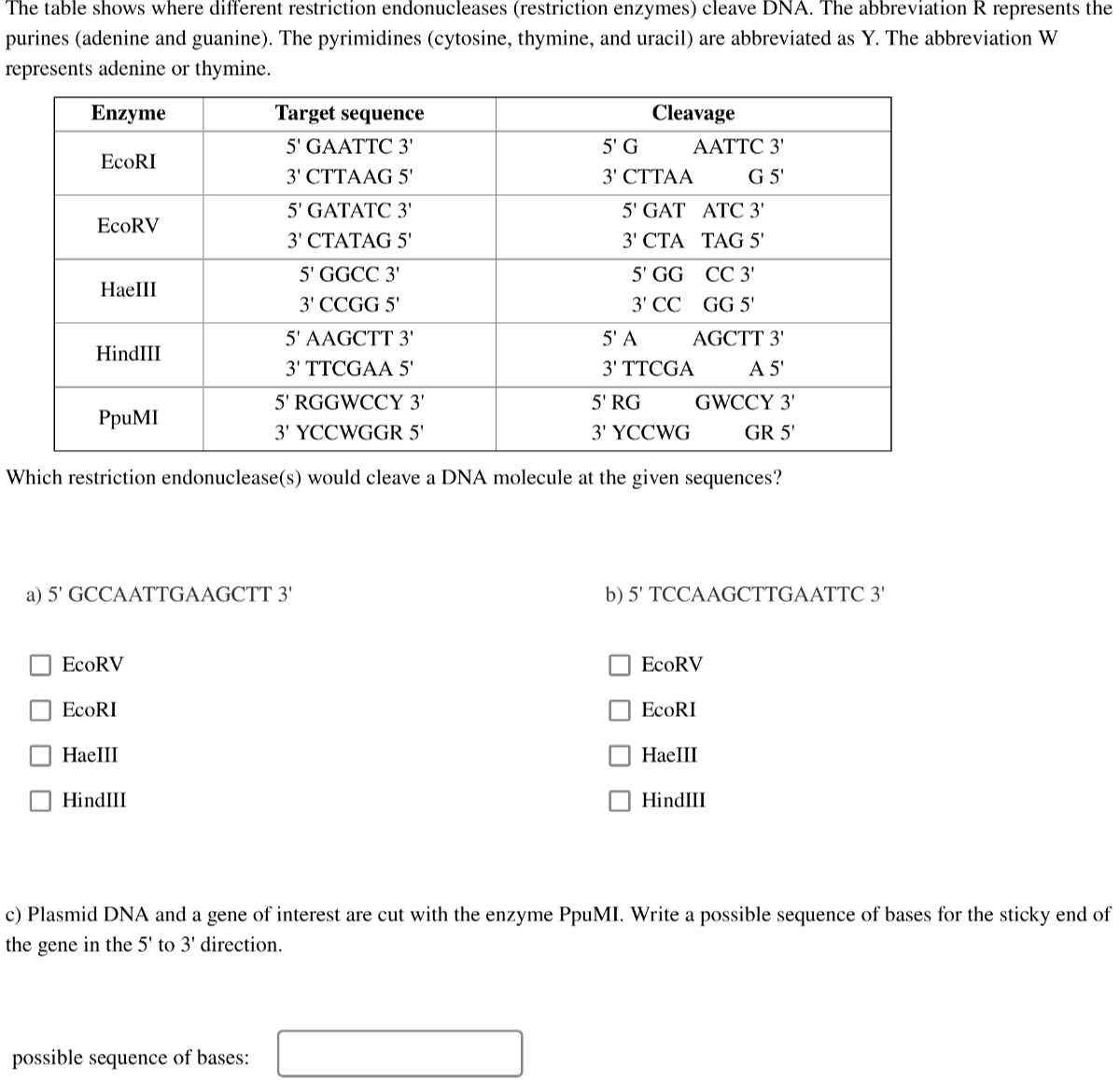 The table shows where different restriction endonucleases...