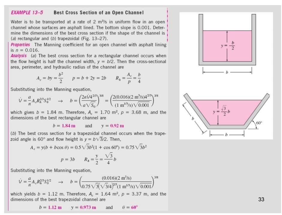EXAMPLE 13-5 Best Cross Section of an Open Channel Water is to be transported at a rate of 2 m^3 ...