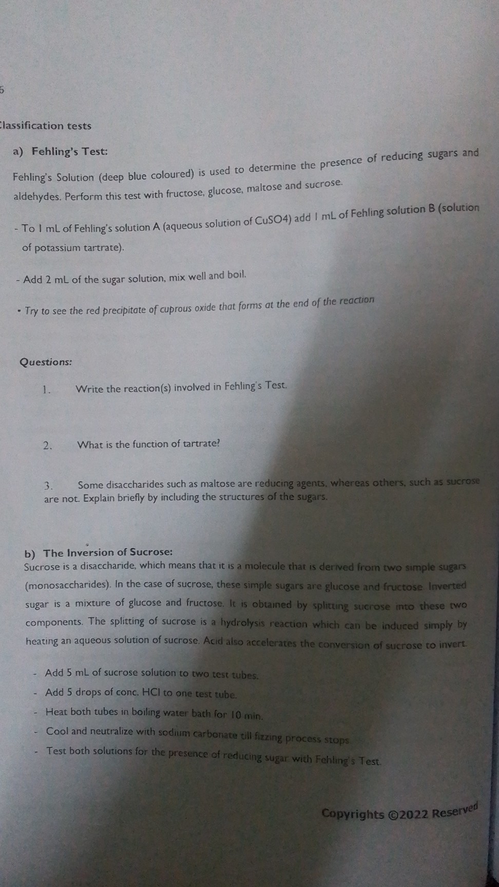 lassification tests a) Fehling's Test: Fehling's Solution (deep blue ...