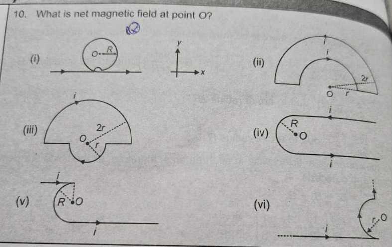 10. What is net magnetic field at point O ? (i) (ii) (iii) (v) (iv) (vi)