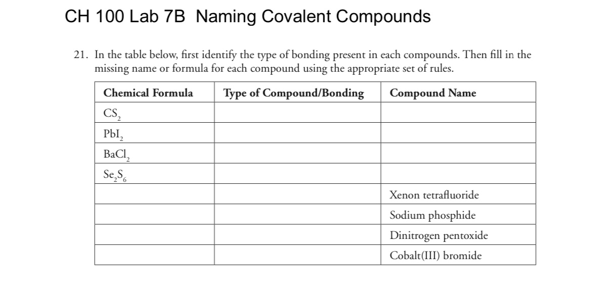 CH 100 Lab 7B Naming Covalent Compounds 21. In the table below, first identify the type of ...