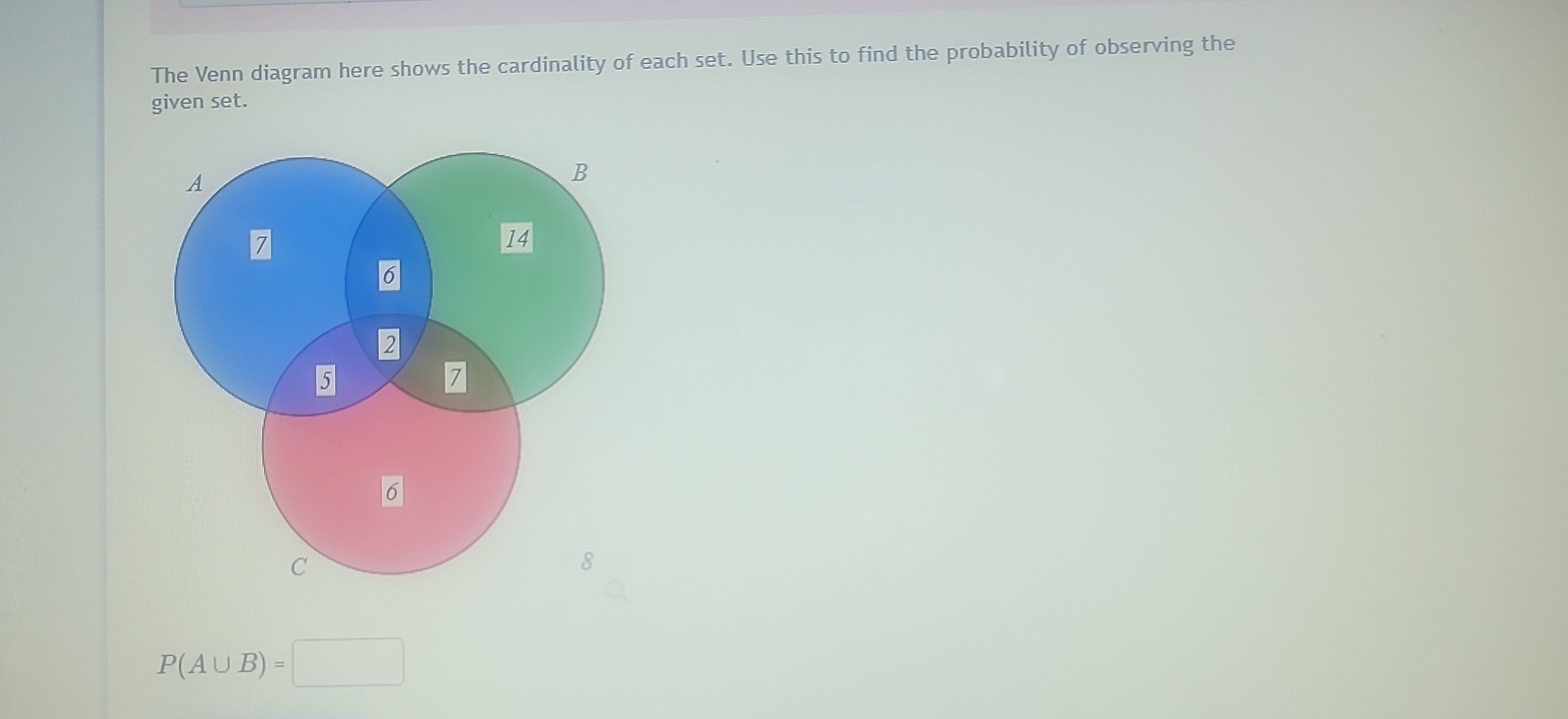 The Venn diagram here shows the cardinality of each set. Use this to ...