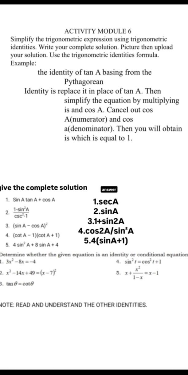 ACTIVITY MODULE 6 Simplify the trigonometric expression using ...