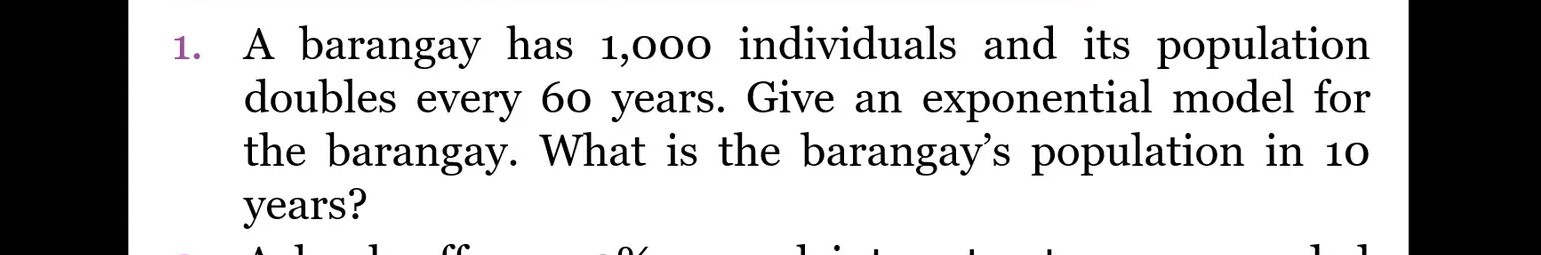 1 a barangay has mathbf1 0 0 0 individuals and its population doubles ...