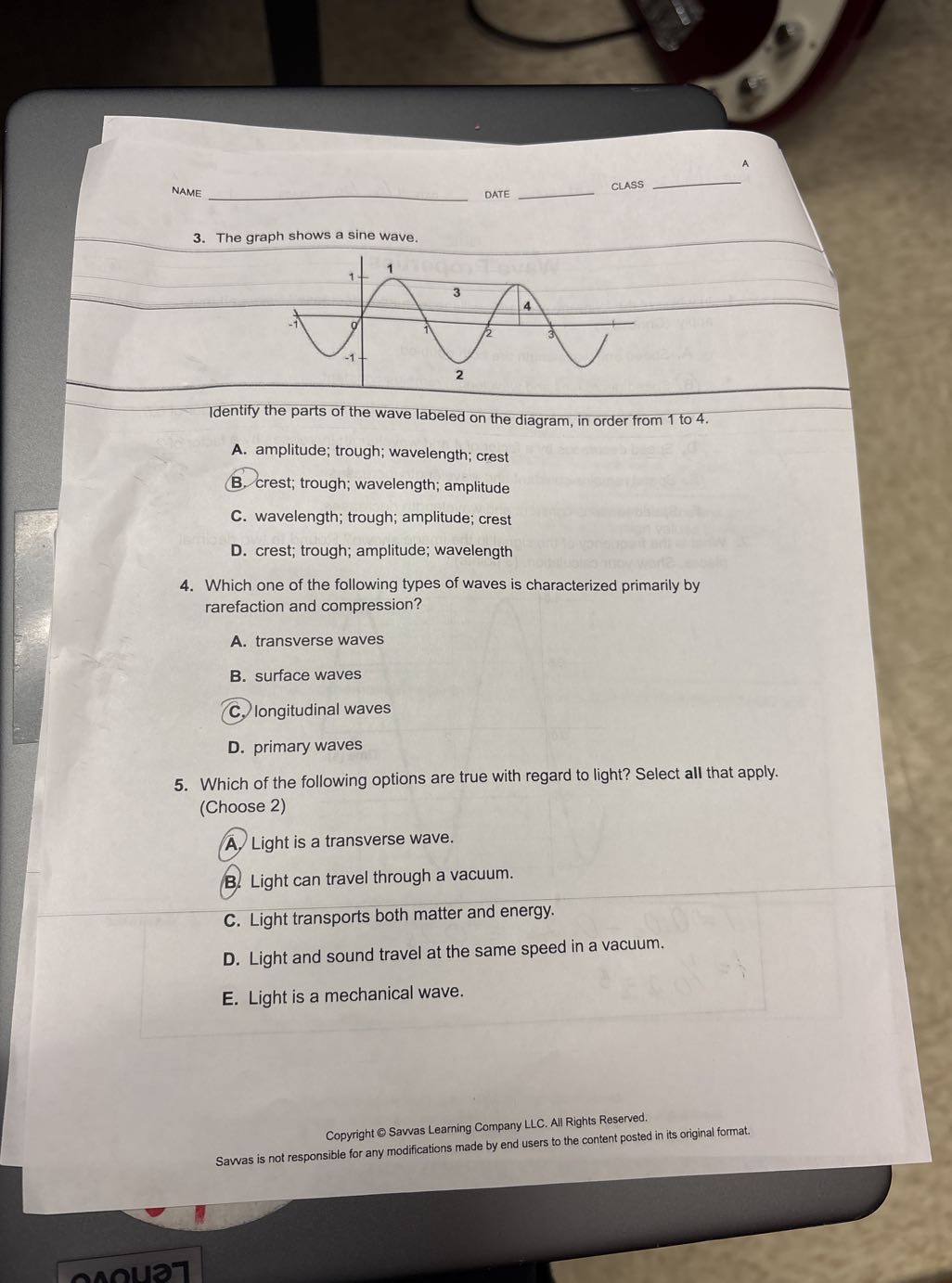 NAME DATE CLASS 3. The graph shows a sine wave. Identify the parts of ...