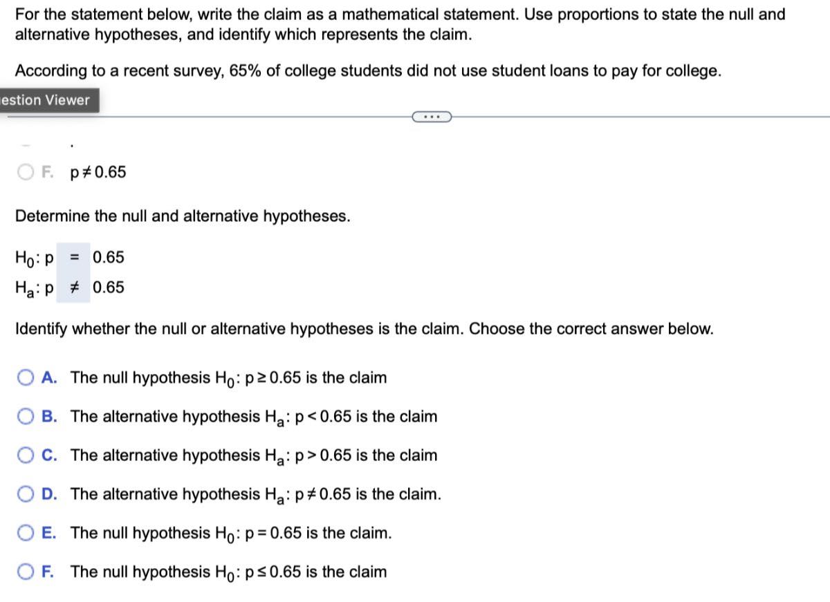 For the statement below, write the claim as a mathematical statement. Use proportions to state ...