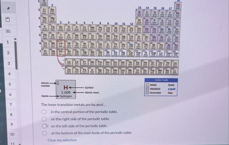 1 2 3 4 5 6 7 8 9 10 The inner transition metals are located.. in the ...