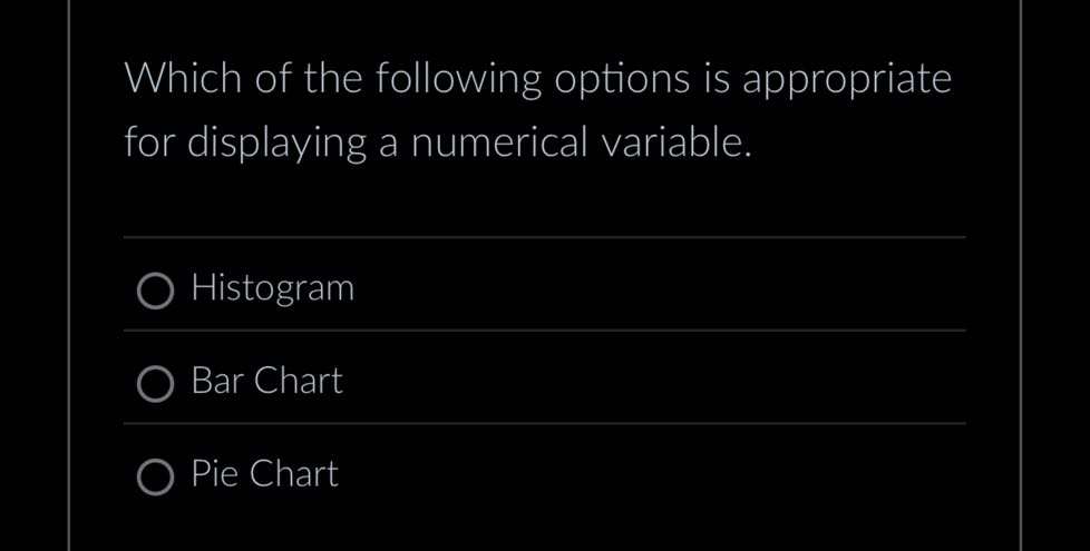 which of the following options is appropriate for displaying a numerical variable histogram bar ...