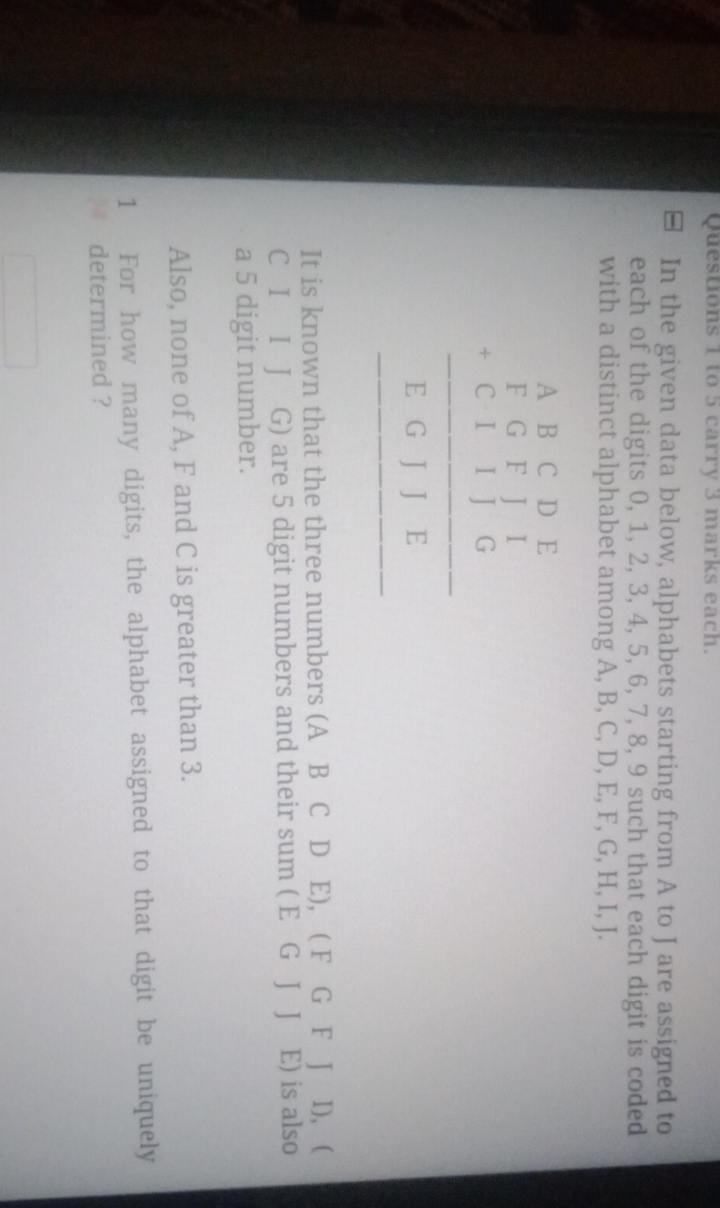 in the given data below alphabets starting from a to j are assigned to each of the digits ...