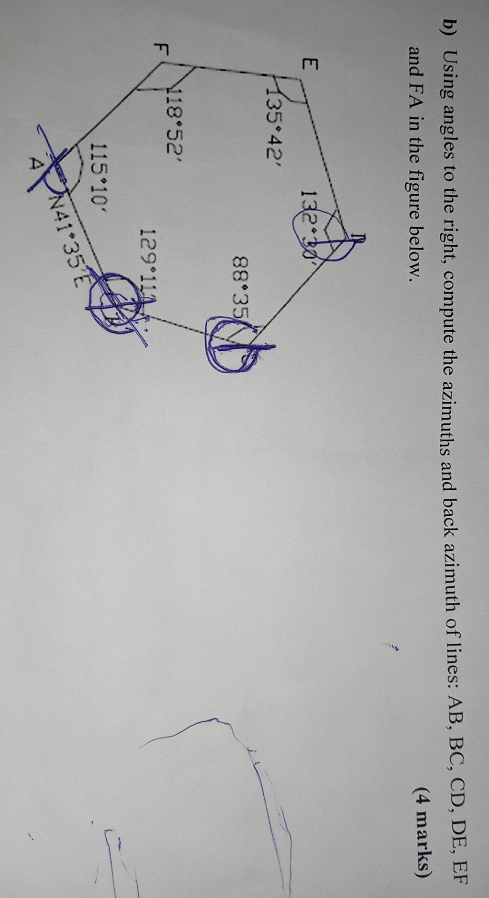 b) Using angles to the right, compute the azimuths and back azimuth of ...