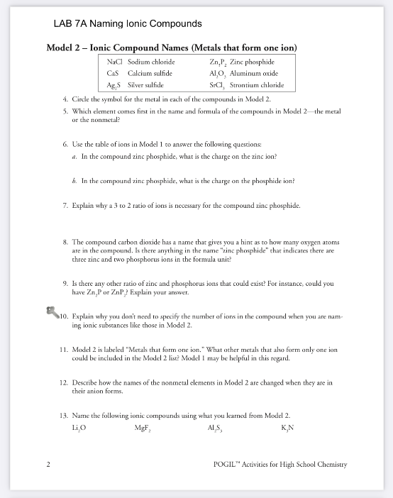 SOLVED: LAB 7A Naming lonic Compounds Model 2 - Ionic Compound Names (Metals that form one ion ...