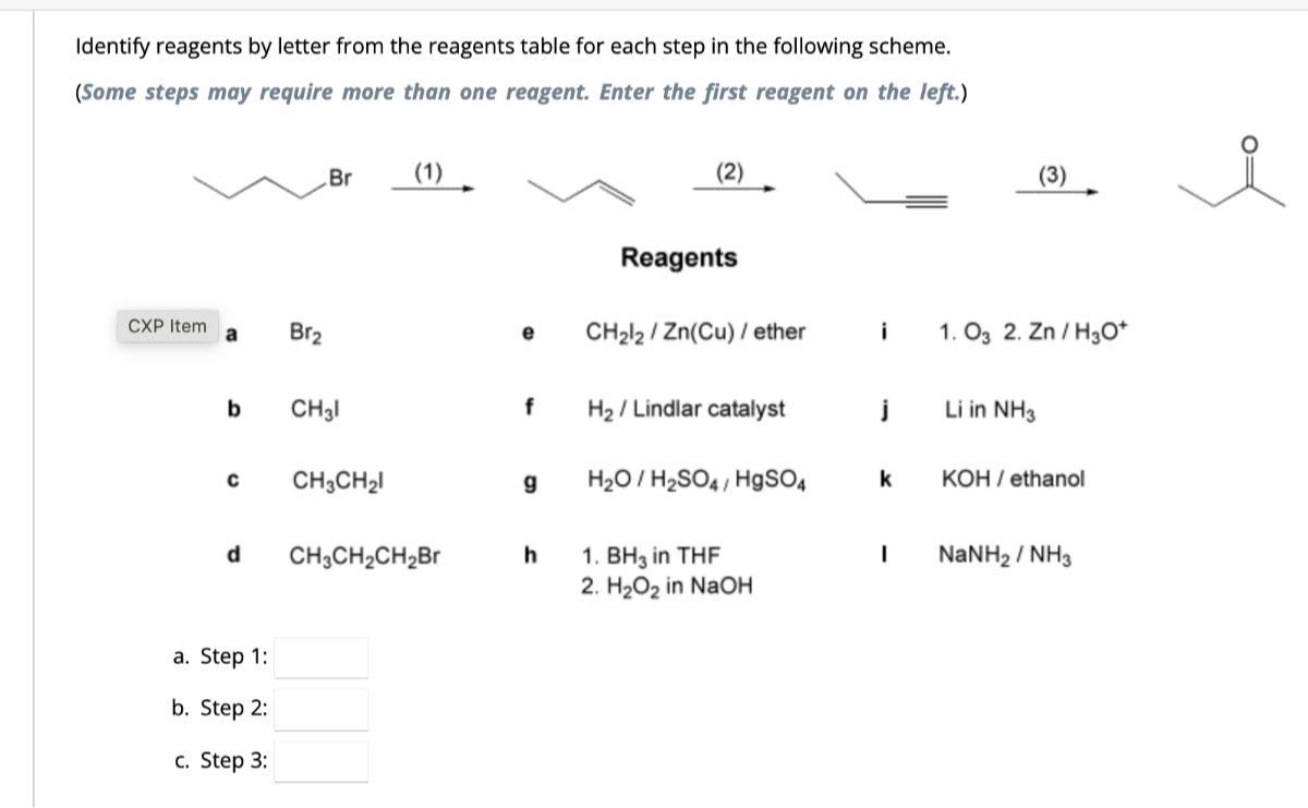 Identify reagents by letter from the reagents table for each step in ...