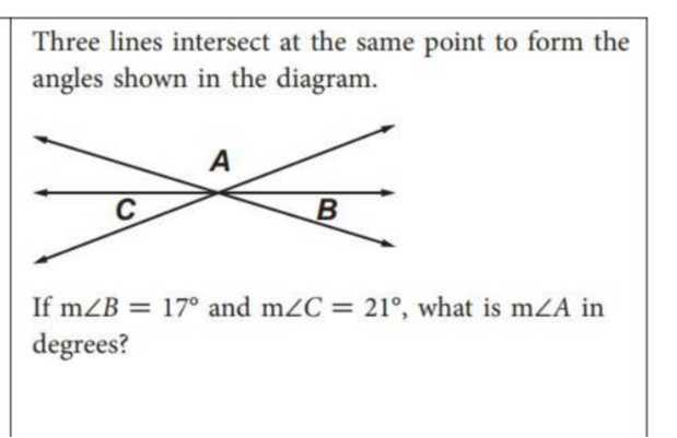 Three lines intersect at the same point to form the angles shown in the diagram. If m∠ B=17^∘ ...