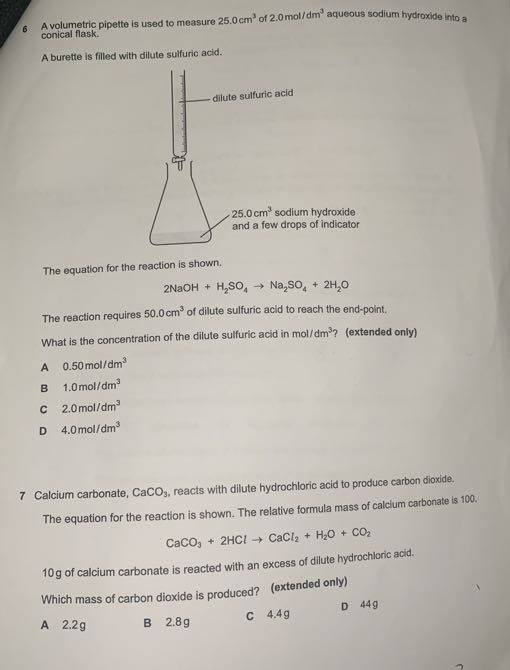 6. A volumetric pipette is used to measure 25.0 cm^3 of 2.0 mol / dm^3 ...
