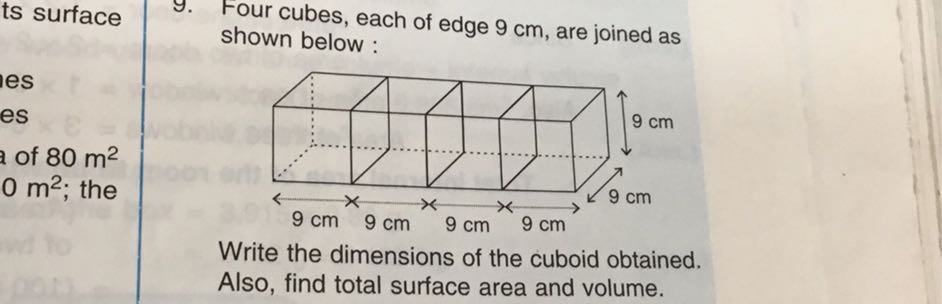 ts surface es es of 80 m^2 0 m^2; the 9. Four cubes, each of edge 9 cm , are joined as shown ...