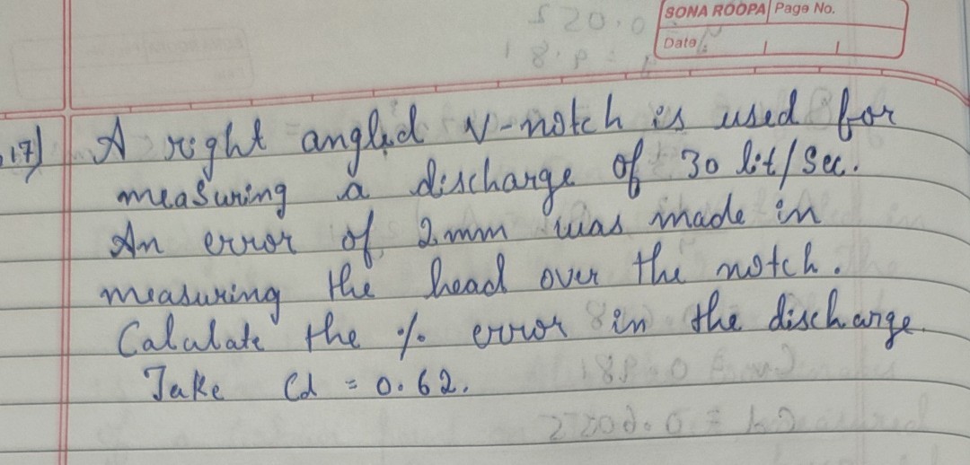 17) A right angled v-notch is used for measuring a discharge of 30 lit ...