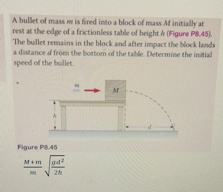 A bullet of mass m is fired into a block of mass M initially at rest at the edge of a ...