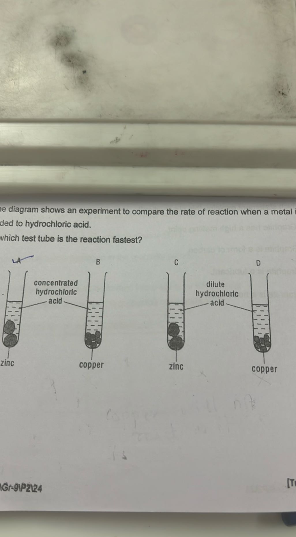 diagram shows an experiment to compare the rate of reaction when a metal ded to hydrochloric ...