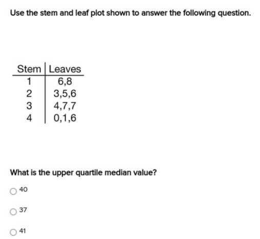 Use the stem and leaf plot shown to answer the following question. Stem Leaves 1 6,8 2 3,5,6 3 4 ...