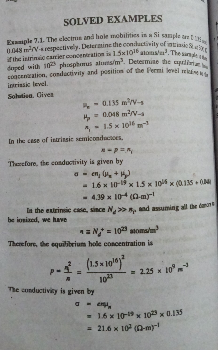 SOLVED EXAMPLES Example 7.1. The electron and hole mobilities in a Si ...