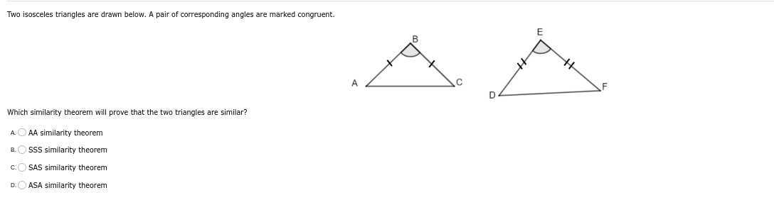 Two isosceles triangles are drawn below. A pair of corresponding angles ...
