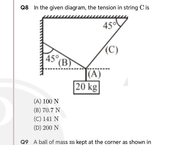 Q8 In the given diagram, the tension in string C is (A) 100 N (B) 70.7 ...