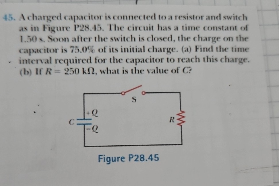 45. A charged capacitor is connected to a resistor and switch as in ...
