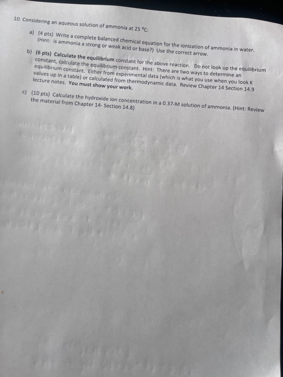 10 Considering An Aqueous Solution Of Ammonia At 25circ Mathrmc A 4 Pts