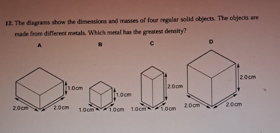 12. The diagrams show the dimensions and masses of four regular solid ...
