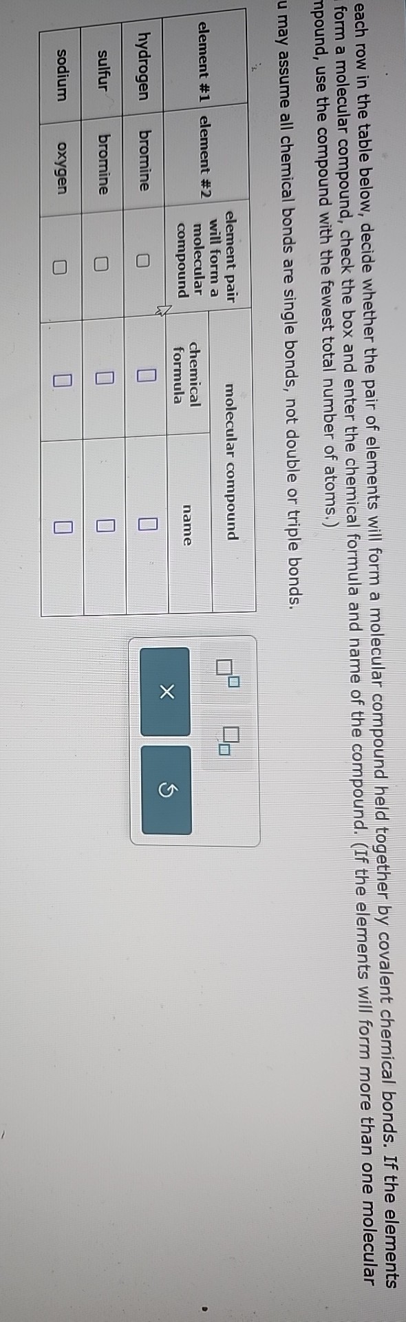 each row in the table below decide whether the pair of elements will form a molecular compound ...