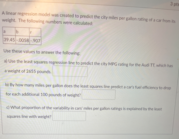 A linear regression model was created to predict the city miles per gallon rating of a car from ...