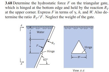 3.68 Determine the hydrostatic force F on the triangular gate, which is hinged at the bottom ...