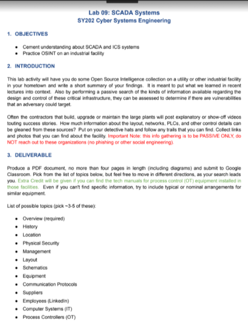 SOLVED: Lab 09: SCADA Systems SY202 Cyber Systems Engineering 1 ...