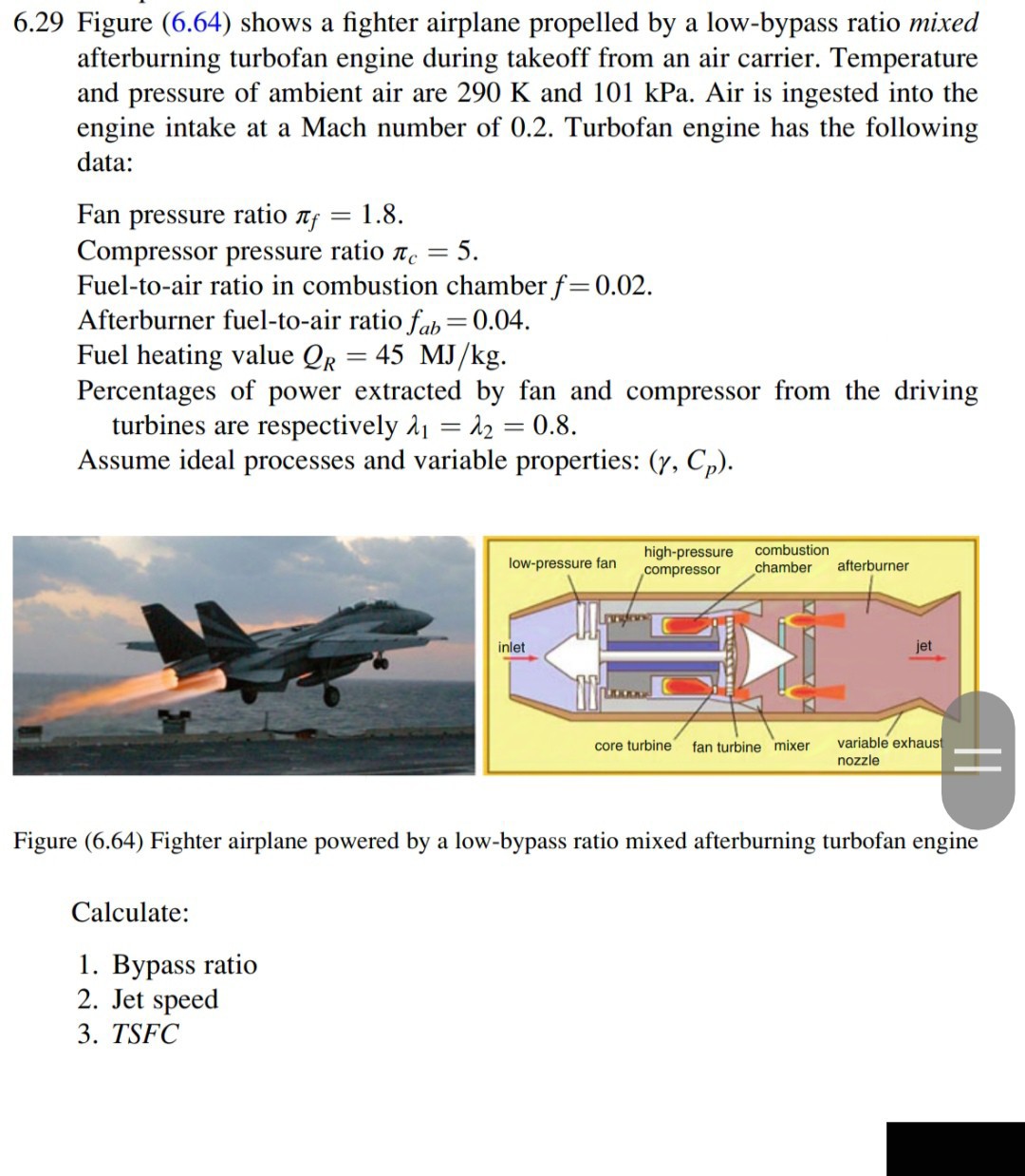 6.29 Figure (6.64) shows a fighter airplane propelled by a low-bypass ...
