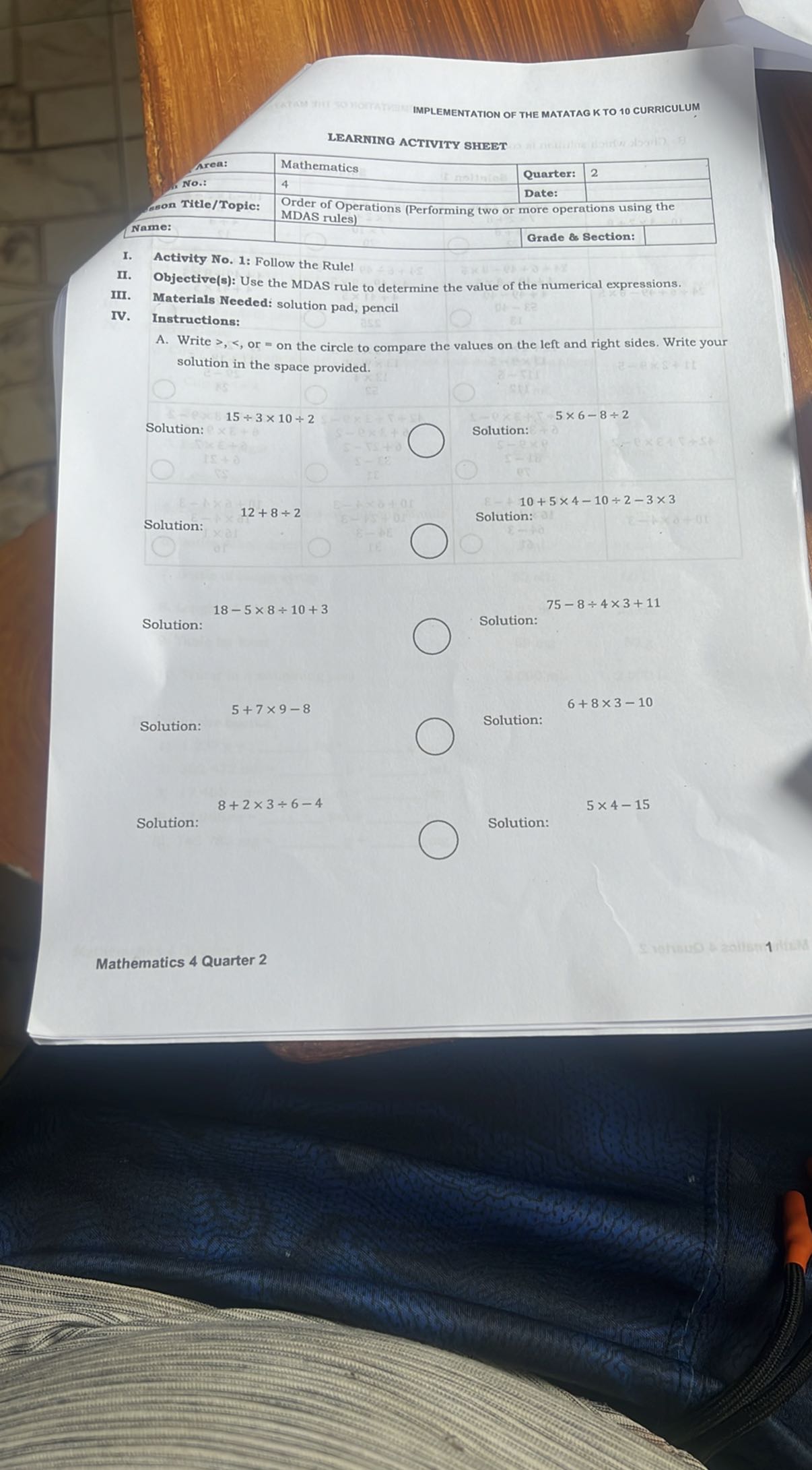 IMPLEMENTATION OF THE MATATAG K TO 10 CURRICULUM LEARNING ACTIVITY SHEET 1. Activity No. 1 ...