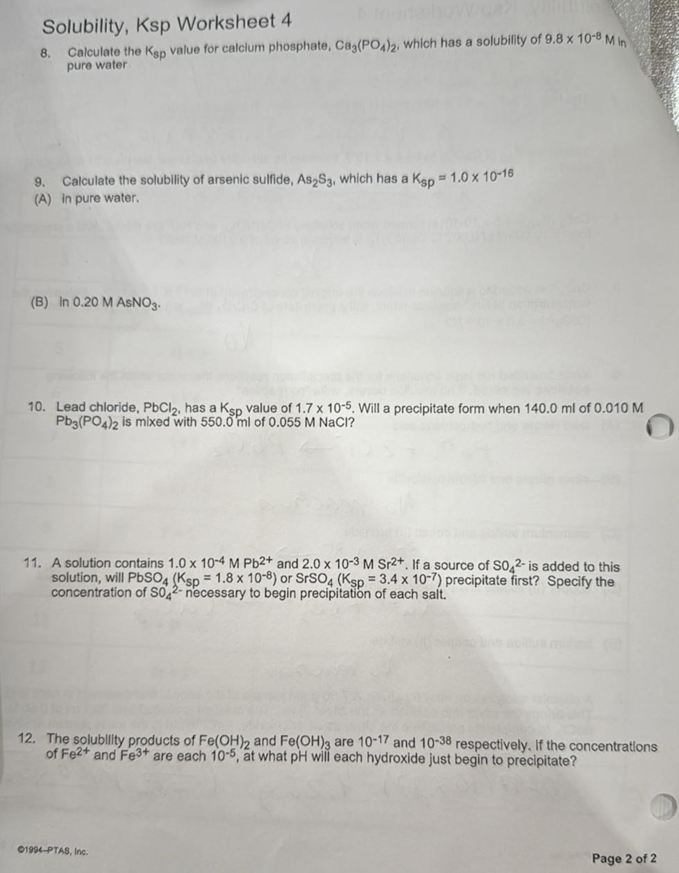 Solubility, Ksp Worksheet 4 8. Calculate the Ksp value for calclum ...