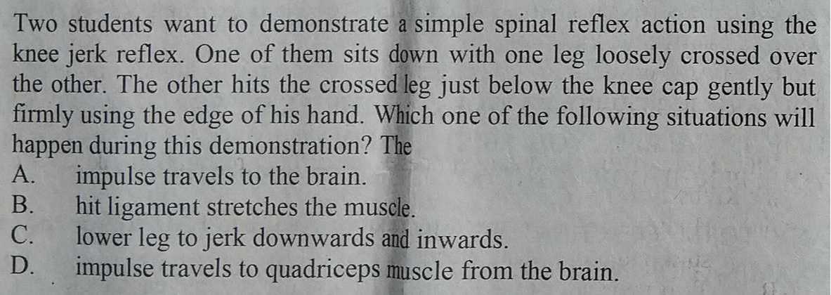 Two students want to demonstrate a simple spinal reflex action using ...
