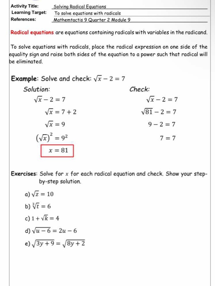 Activity Title: Solving Radical Equations Learning Target: To solve ...