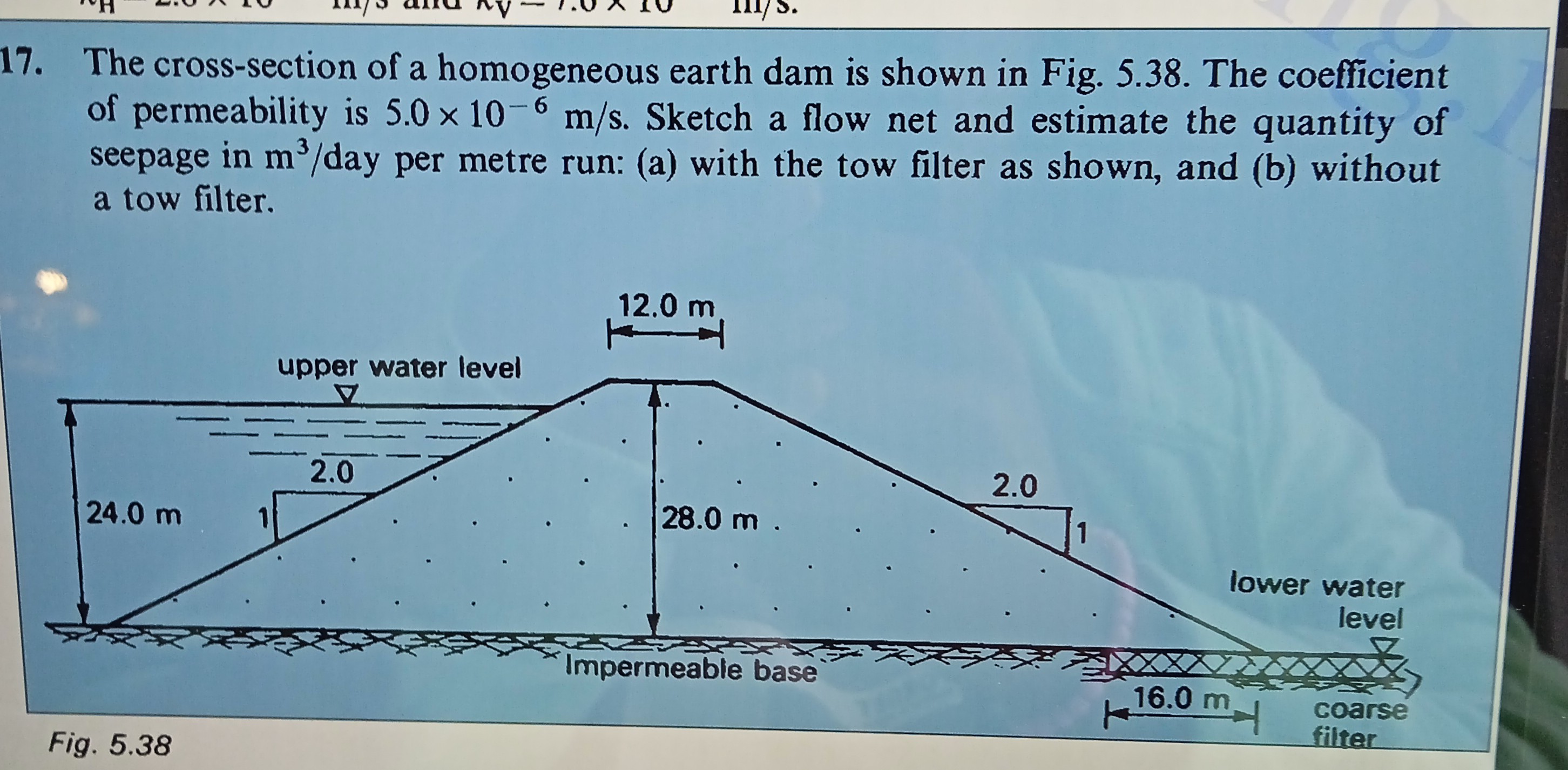 17. The cross-section of a homogeneous earth dam is shown in Fig. 5.38 ...