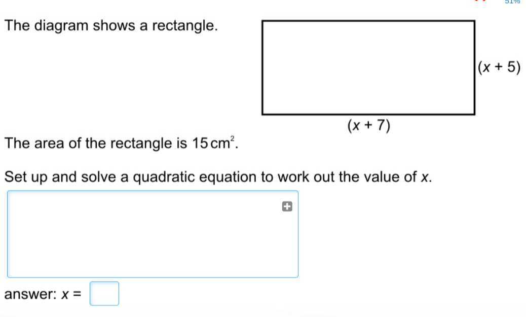 The diagram shows a rectangle. The area of the rectangle is 15 cm^2 ...