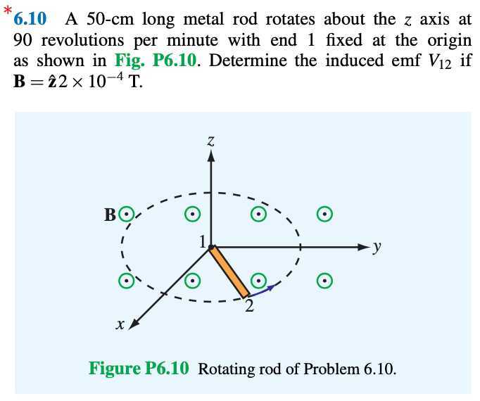 6.10 A 50-cm long metal rod rotates about the z axis at 90 revolutions ...