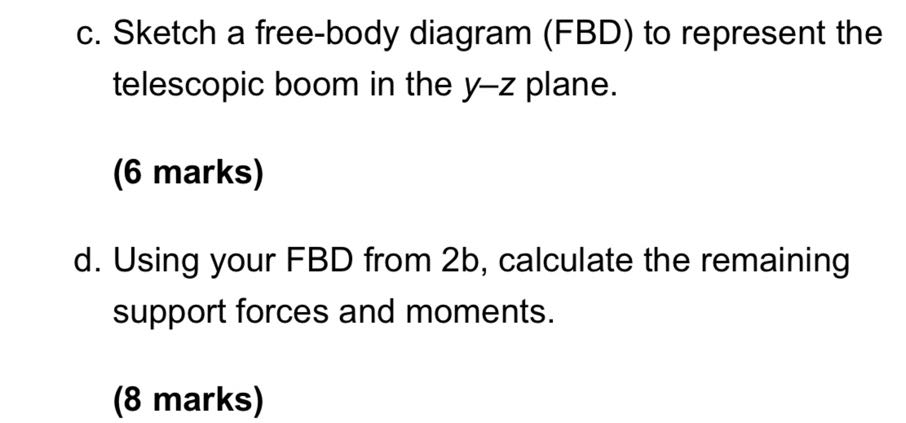 c. Sketch a free-body diagram (FBD) to represent the telescopic boom in ...
