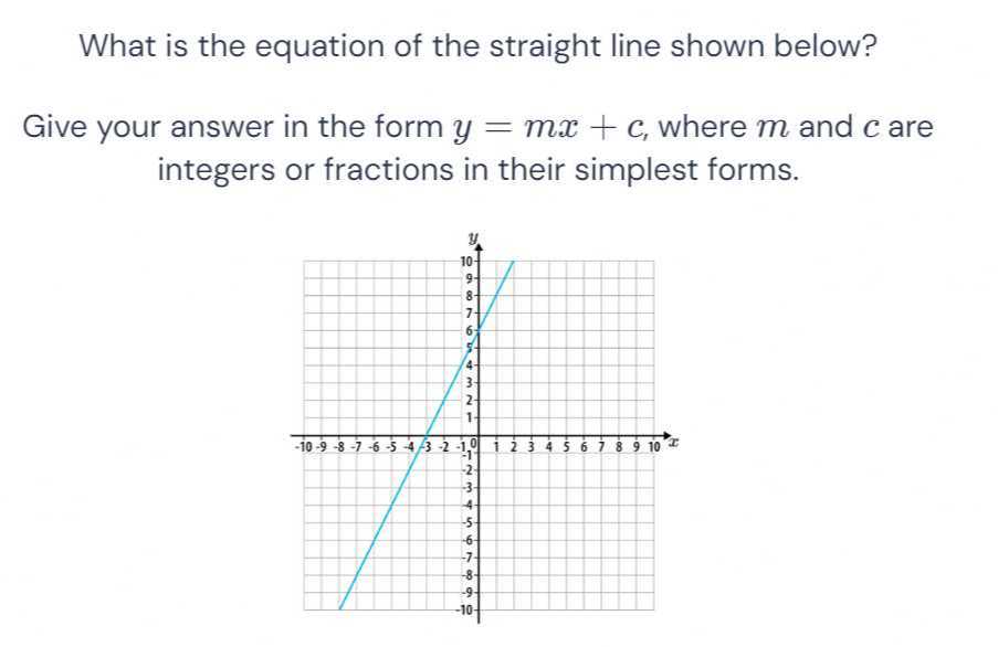 What is the equation of the straight line shown below? Give your answer in the form y=m x+c ...