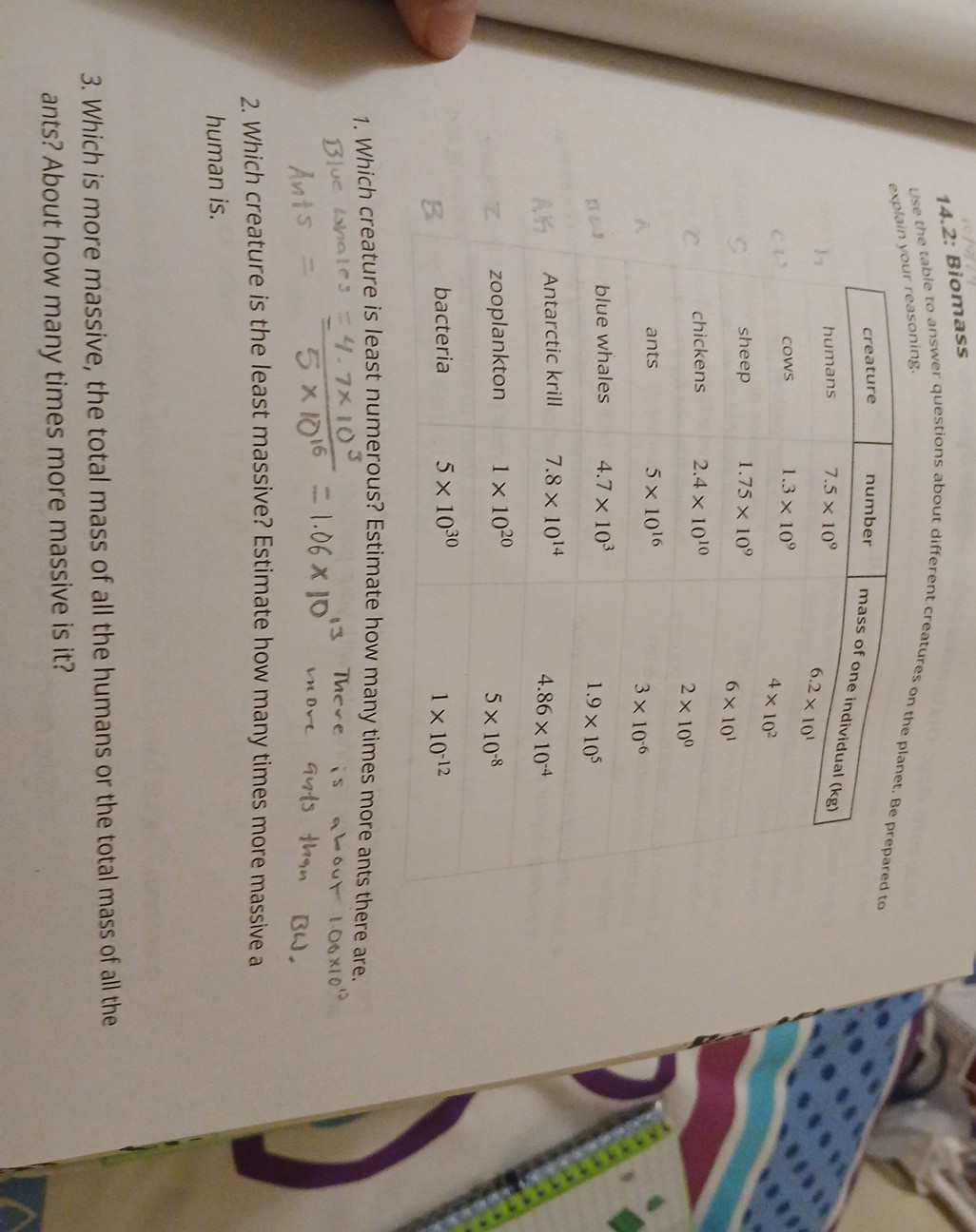142 biomass use the table to answer questions about different creatures ...